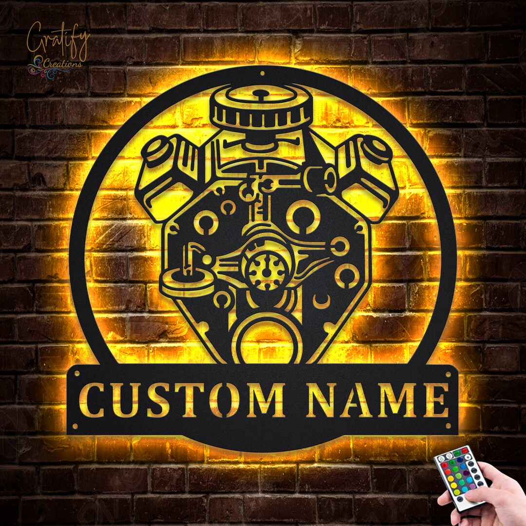 Engine Machine Metal Sign LED Lights V5, Custom Engine Machine Metal ...