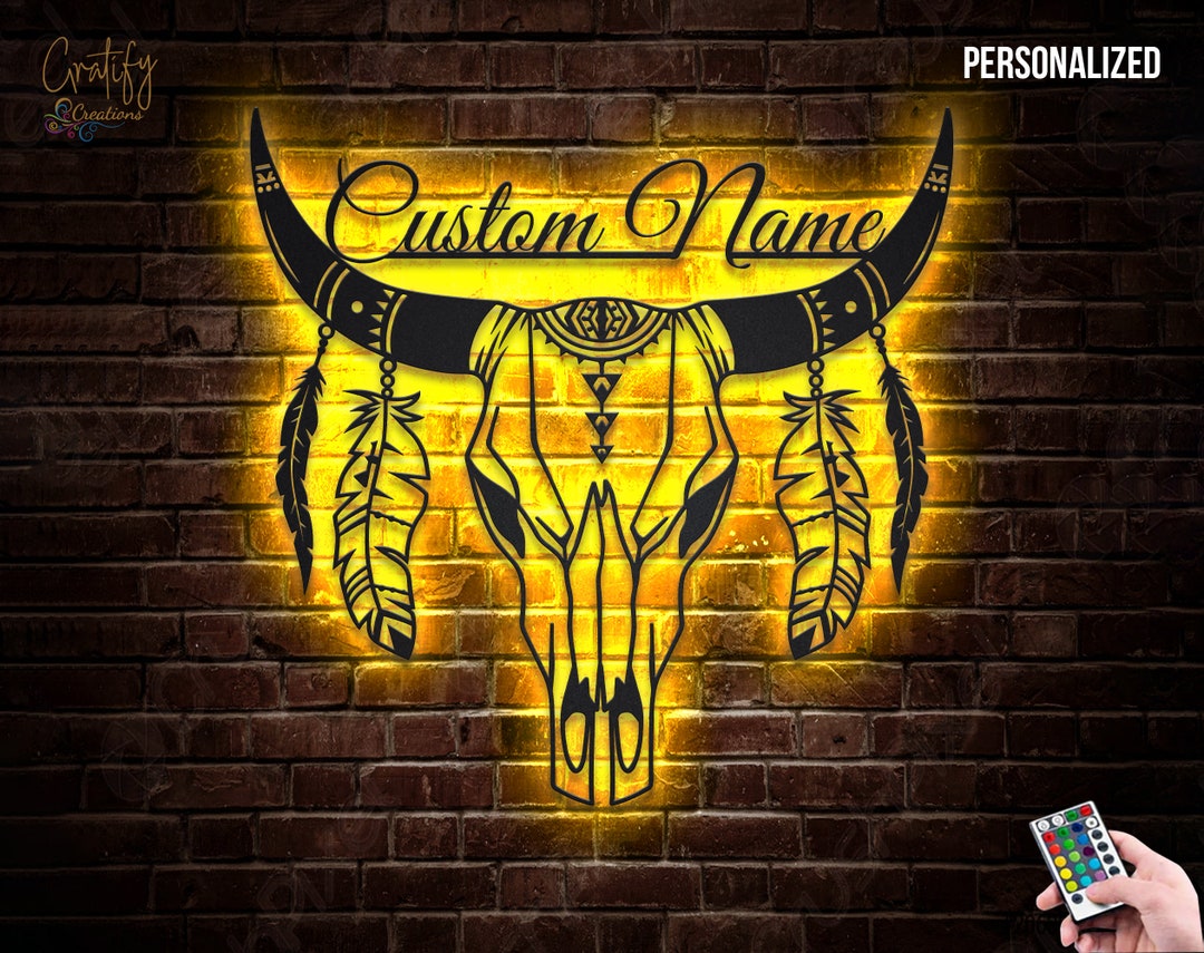 LED Cow Skull Desert Metal Wall Art - Boho Floral Buffalo Longhorn Sign ...