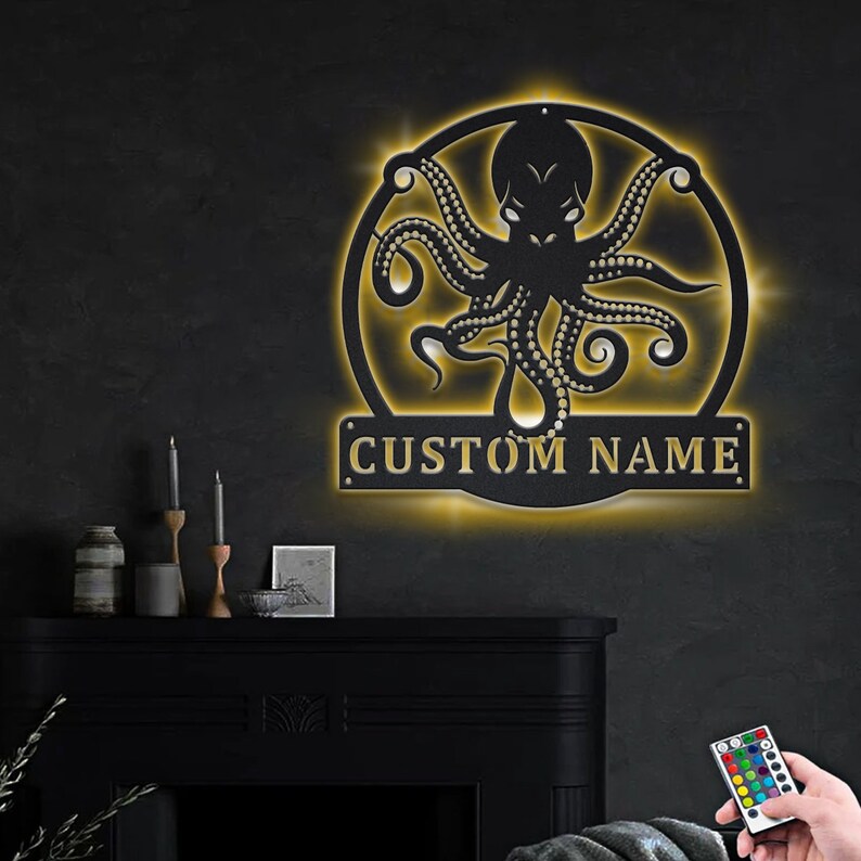 Octopus Monogram Metal Sign With LED Lights Personalized - Etsy