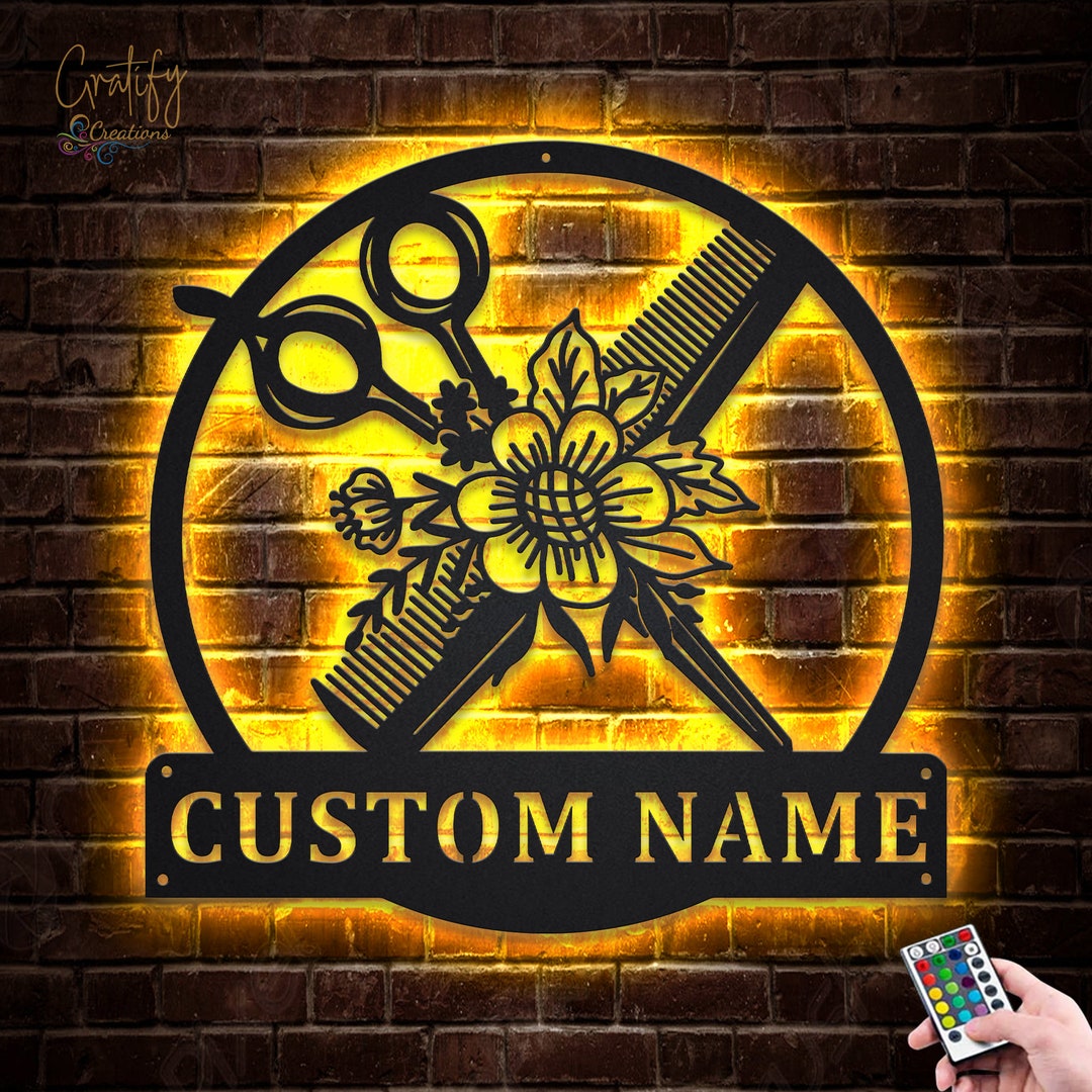 Floral Hair Scissors Metal Sign LED Lights V3, Custom Hair Stylist ...