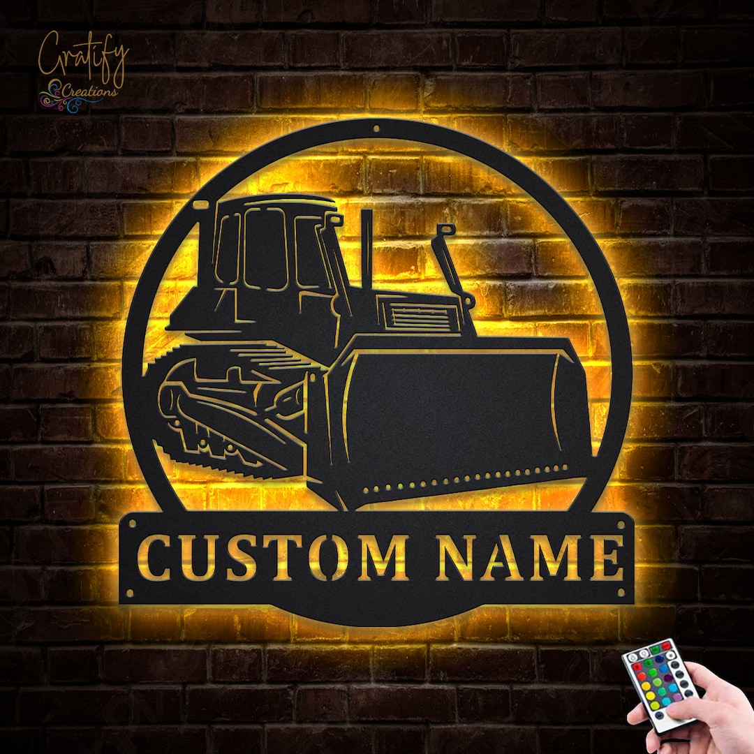 Bulldozer Truck Metal Wall Art LED Light, Custom Bulldozer Metal Signs ...