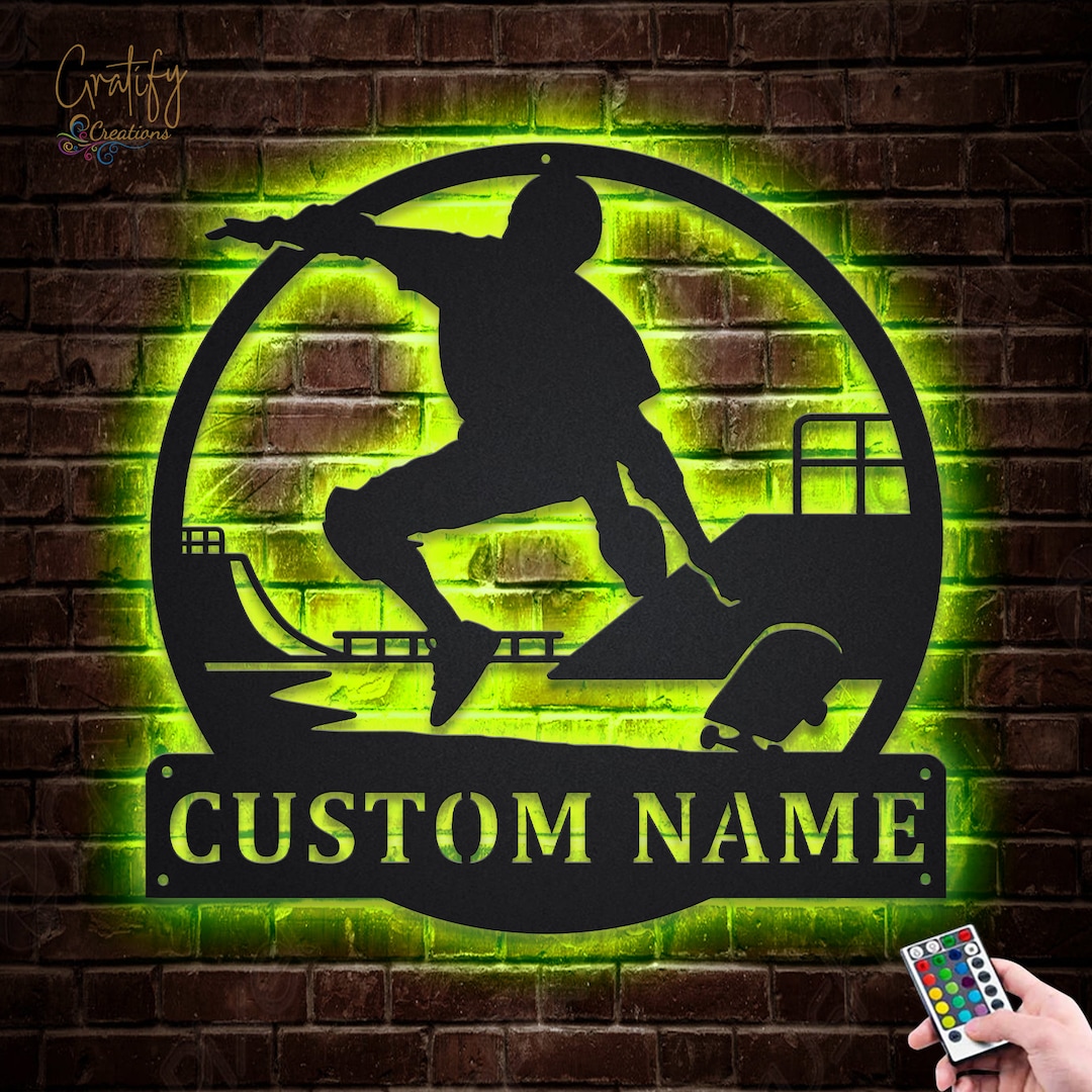 Skateboarding Metal Wall Art LED Light V3, Custom Skateboarding Metal ...