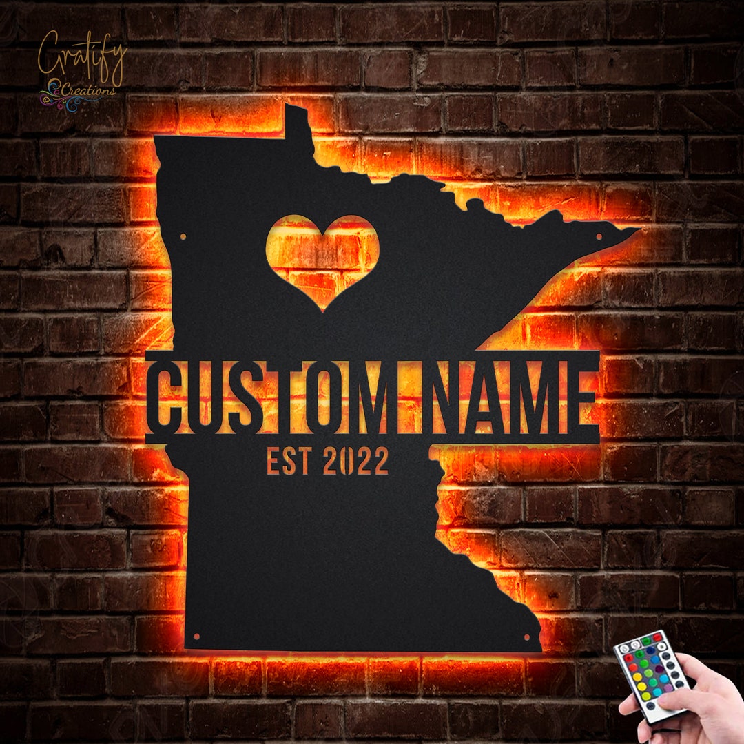 Minnesota State Map Metal LED Lights, Custom Minnesota Metal Wall Art ...