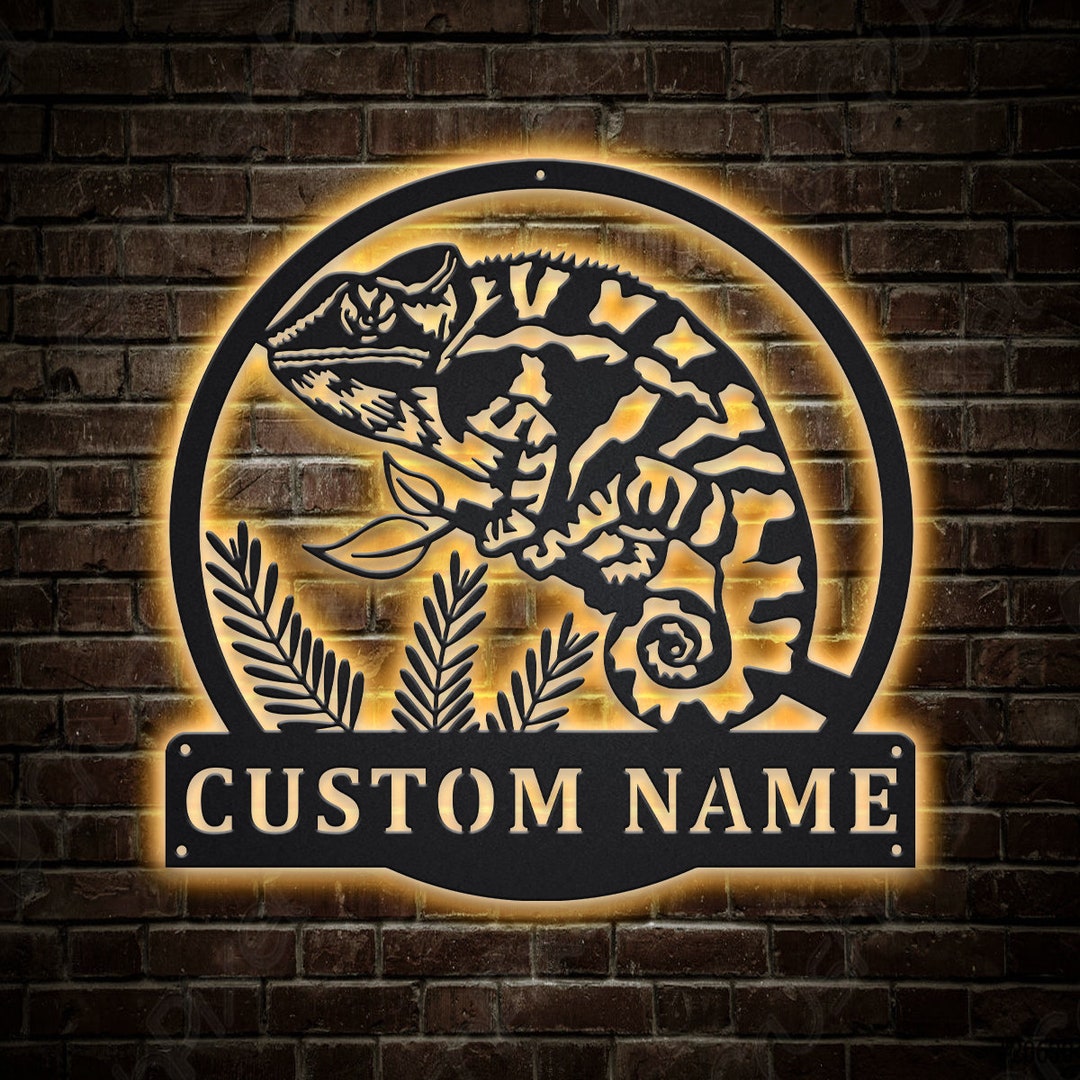 Custom Chameleon Metal Sign With LED Lights, Personalized Chameleon ...