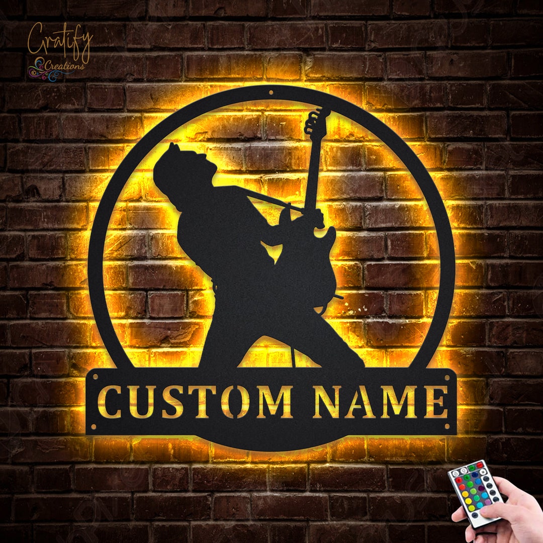 Guitar Man Metal Sign With LED Lights V1, Guitar Metal Wall Art RGB ...