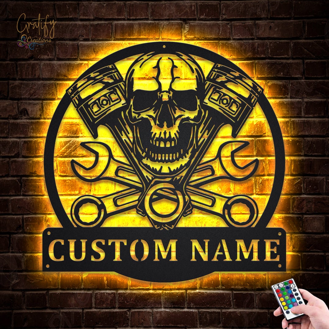 Custom Car Mechanic Workshop Name Sign - LED Skull Garage Metal Wall ...