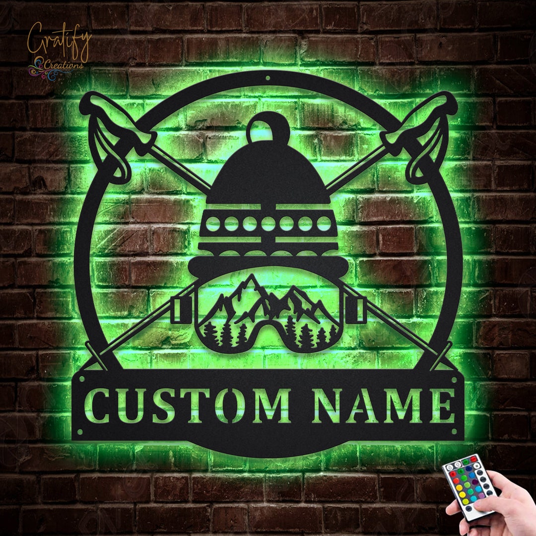 Skiing Metal Wall Art LED Lights V1, Custom Snow Skiing Metal Sign ...