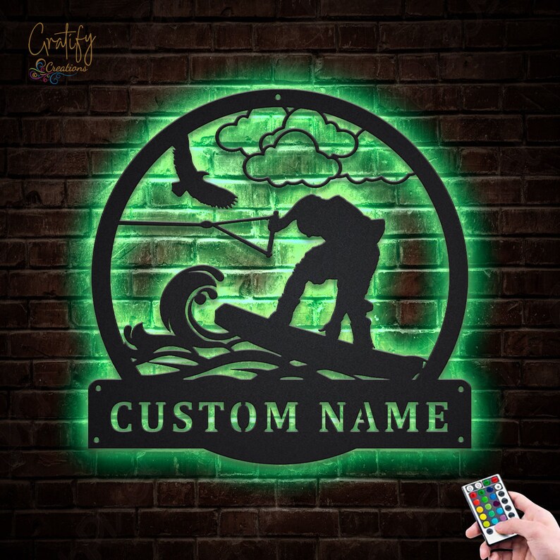 Wakeboarding Sport Monogram Metal Wall Art LED Lights Custom - Etsy
