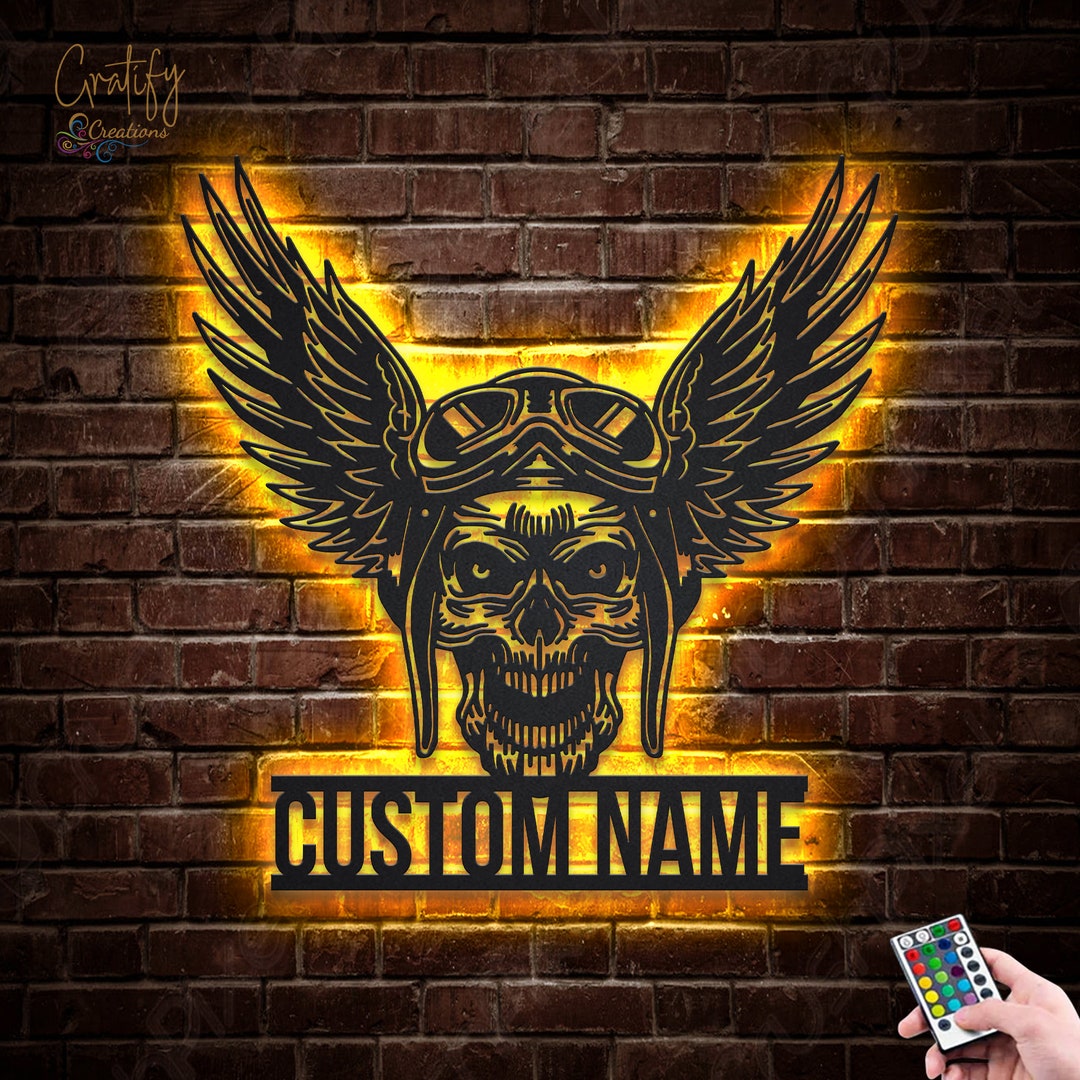Custom Skull Airplane Metal Wall Art LED Light | Skull Pilot Name Sign ...