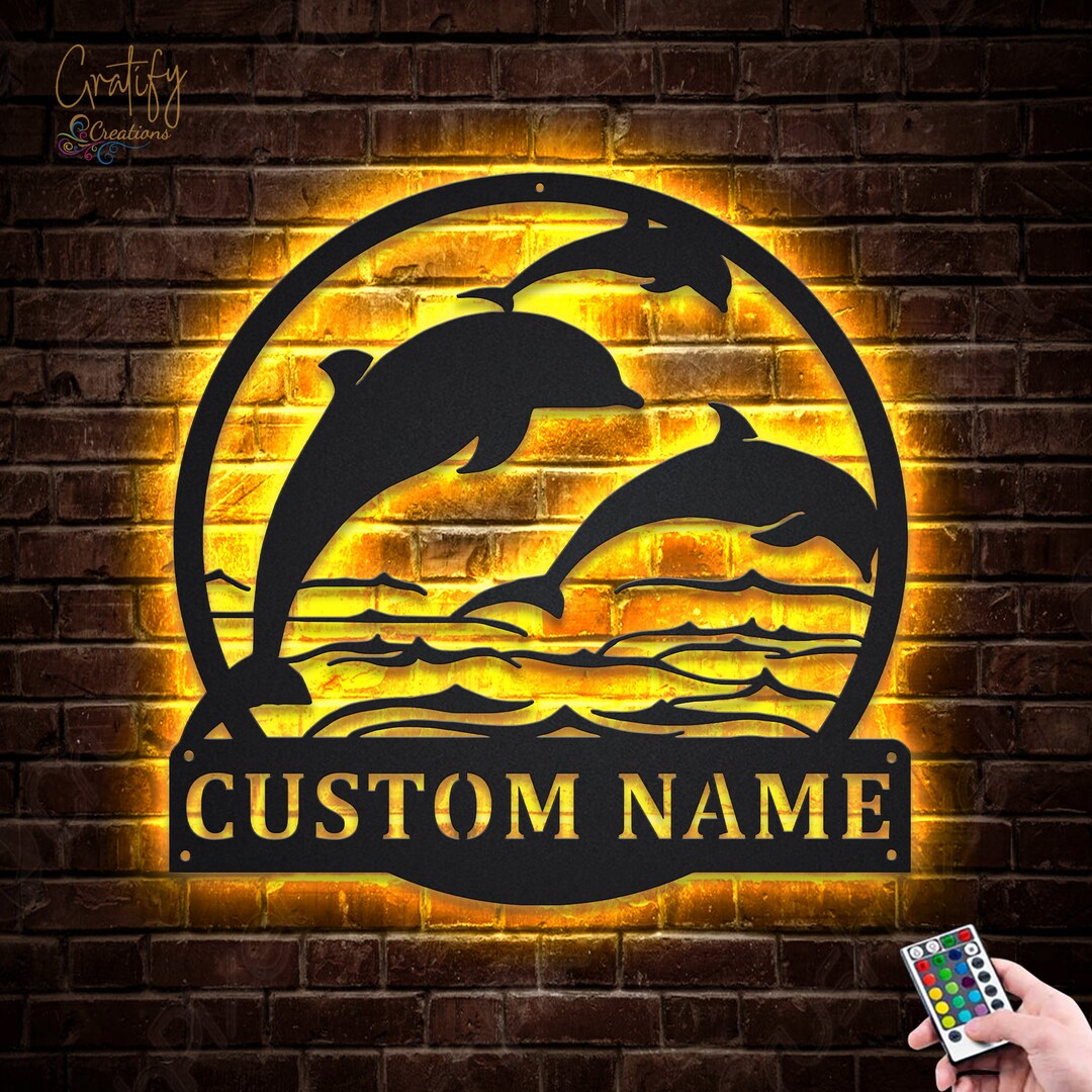 Three Dolphin Fish Monogram Metal Sign LED Lights, Custom Three Dolphin ...