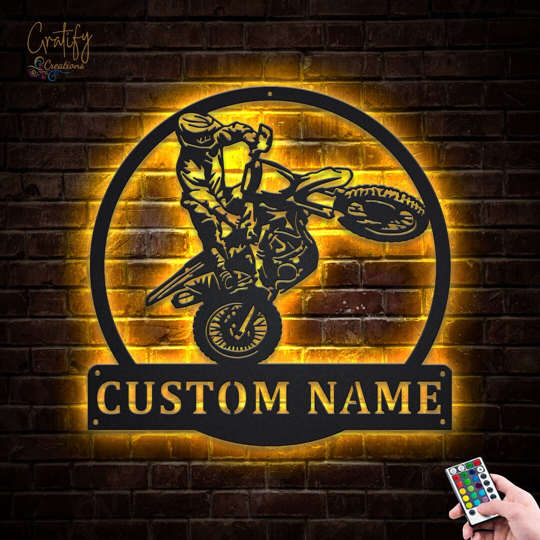 Custom Motocross Dirt Bike Monogram Metal Wall Art With LED Lights ...