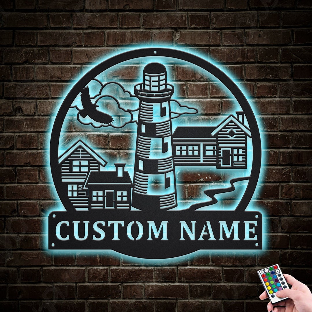 Lighthouse Metal Sign LED Lights V1, Custom Lighthouse Metal Wall Art ...