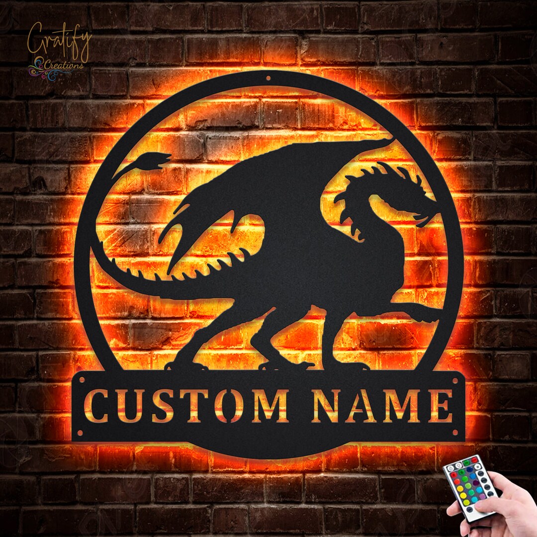 Dragon Metal Sign With LED Lights V4, Custom Dragon Metal Sign, Dragon ...