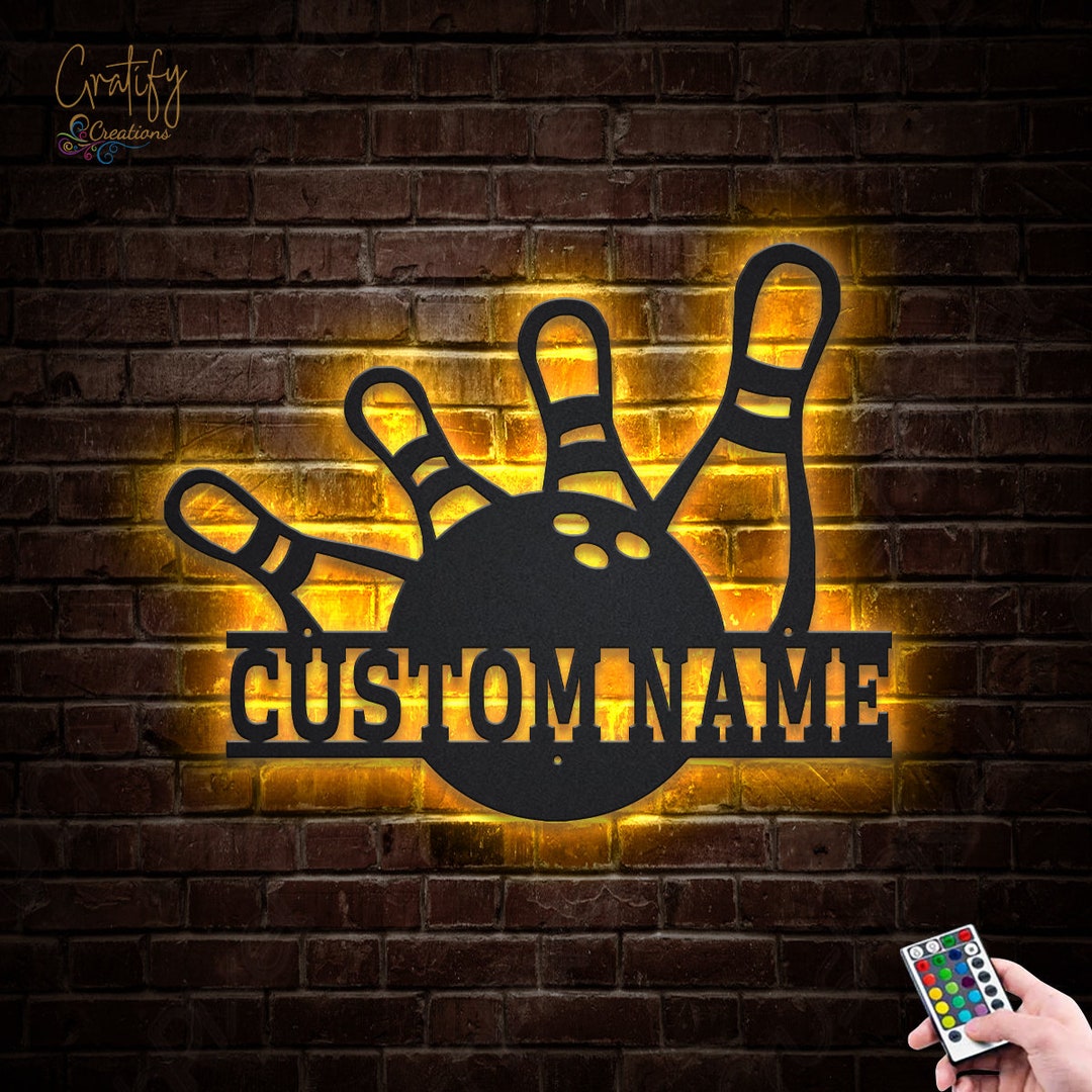 Bowling Monogram Metal Sign LED Lights V3, Custom Bowling Metal Wall ...