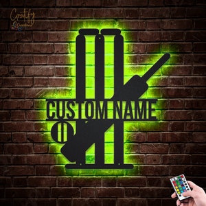 Cricket Stump Sport Metal Wall Art LED Lights V4, Custom Cricket Sport ...