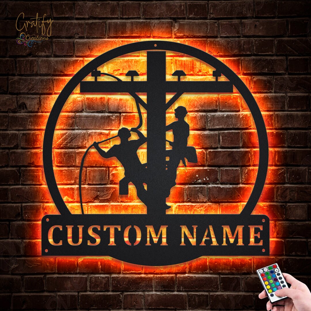 Lineman Linework Metal Sign LED Lights V4, Custom Lineman Metal Sign ...