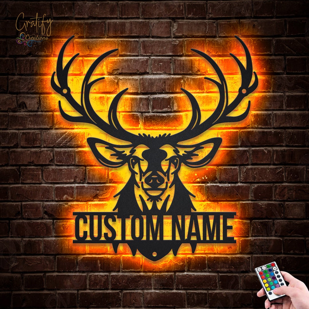 Deer Head Metal Sign LED Lights, Custom Deer Hunting Metal Signs, Deer ...