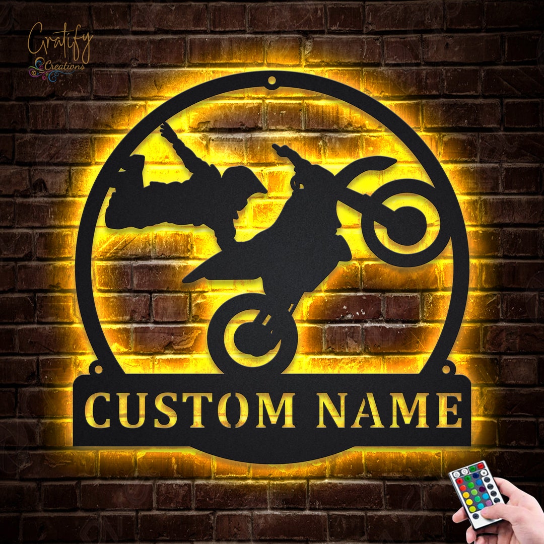 Motocross Rider Metal Wall Art LED Lights V5, Custom Motocross Biker ...