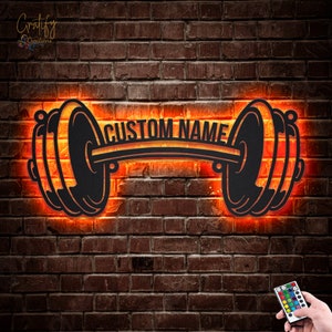 Dumbbell Fitness Metal Sign LED Lights V4, Custom Bodybuilder Metal ...