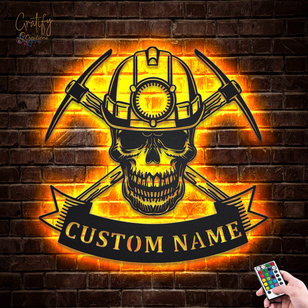 Skull Mining Metal Wall Art LED Lights, Custom Skull Mining Metal Signs ...
