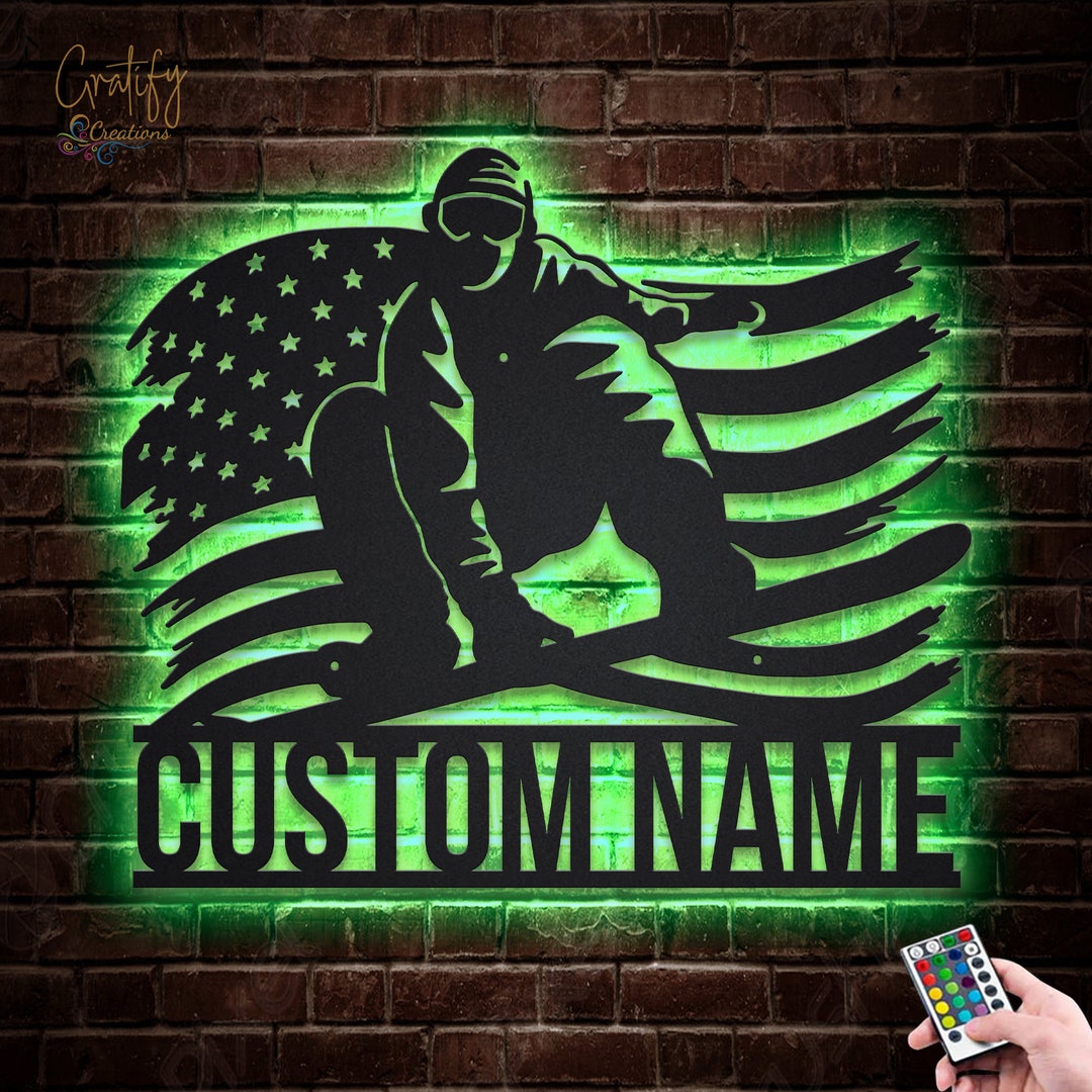 Skiing Metal Wall Art LED Lights V10, Custom Snow Skiing Metal Sign ...