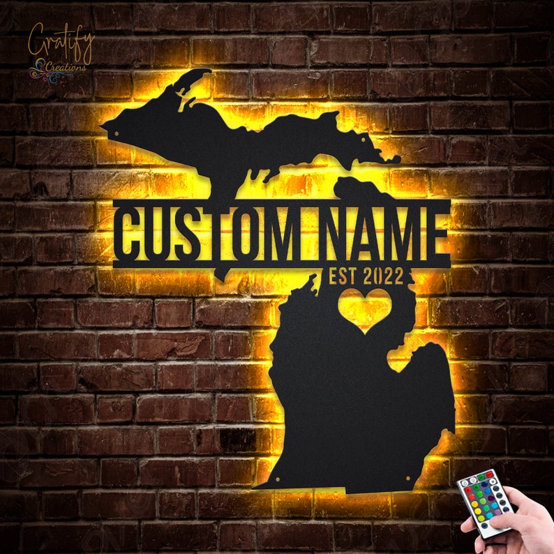 Michigan State Map Metal LED Lights, Custom Michigan Metal Wall Art ...