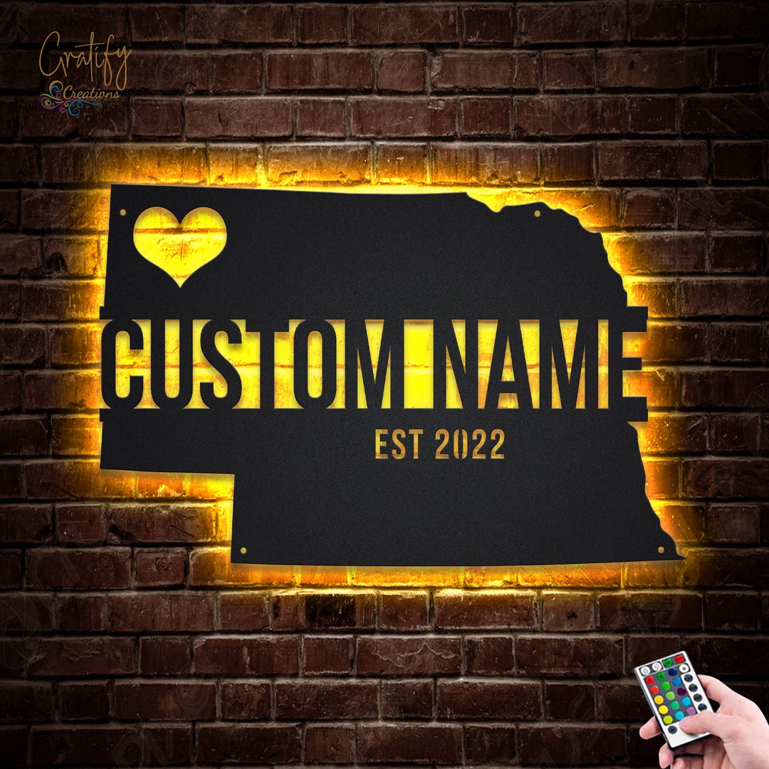 Nebraska State Map Metal LED Lights, Custom Nebraska Metal Wall Art ...