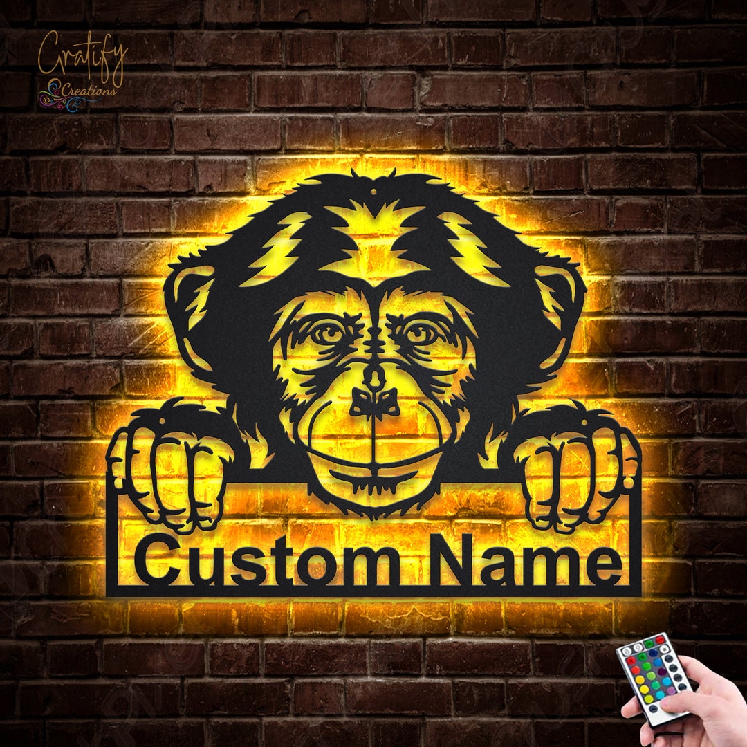 Chimpanzee Monkey Metal Sign LED Lights, Custom Chimpanzee Metal Sign ...