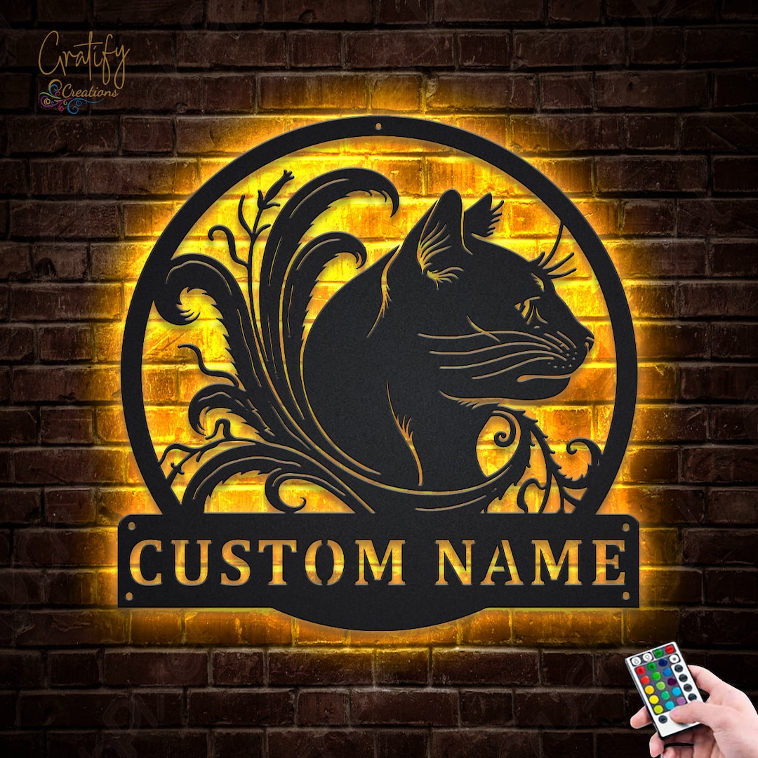 Black Cat Floral Metal Sign LED Lights, Custom Cat Metal Sign, Cat Name ...