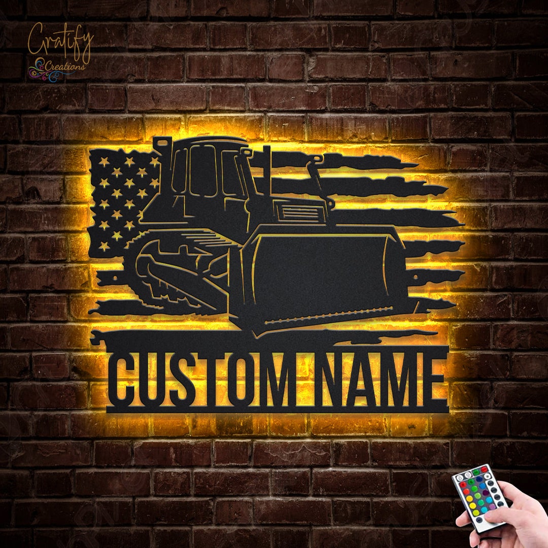 US Bulldozer Metal Wall Art LED Lights V2, Custom Bulldozer Metal Signs ...