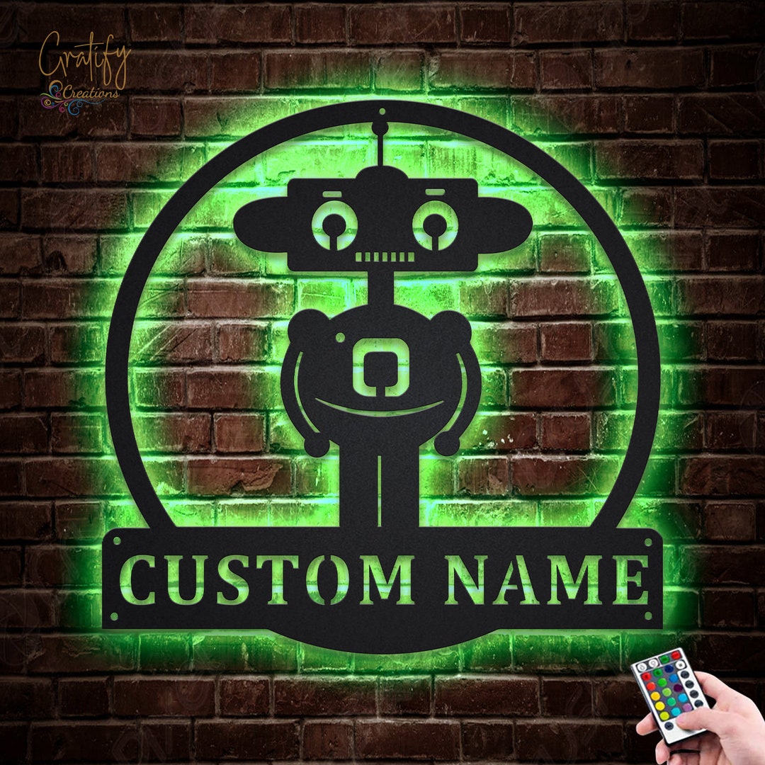 Robot Metal Wall Art LED Lights V13, Custom Robot Metal Signs, Robot ...