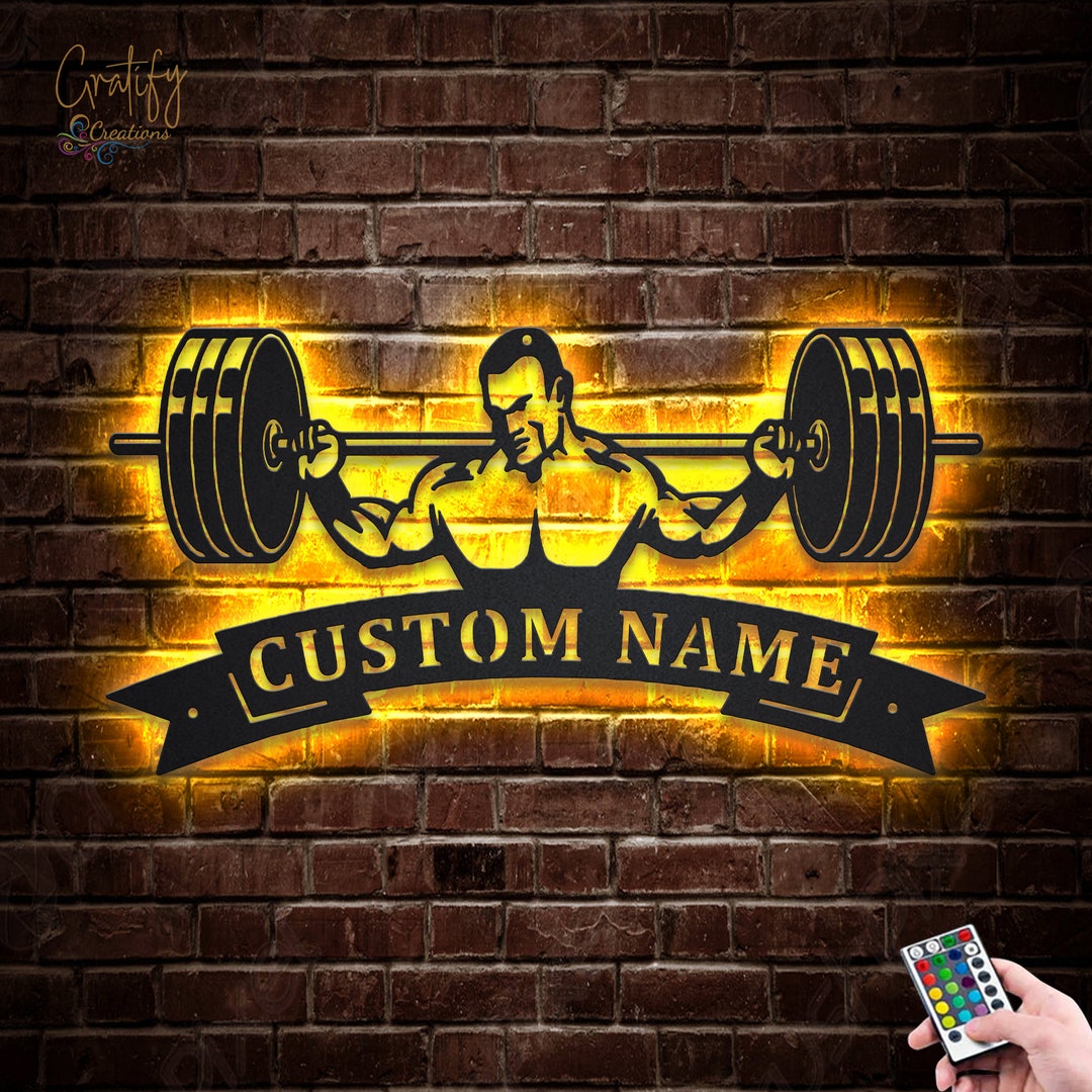 Powerlifting Sport Metal Sign LED Lights V2, Custom Powerlifting Metal ...