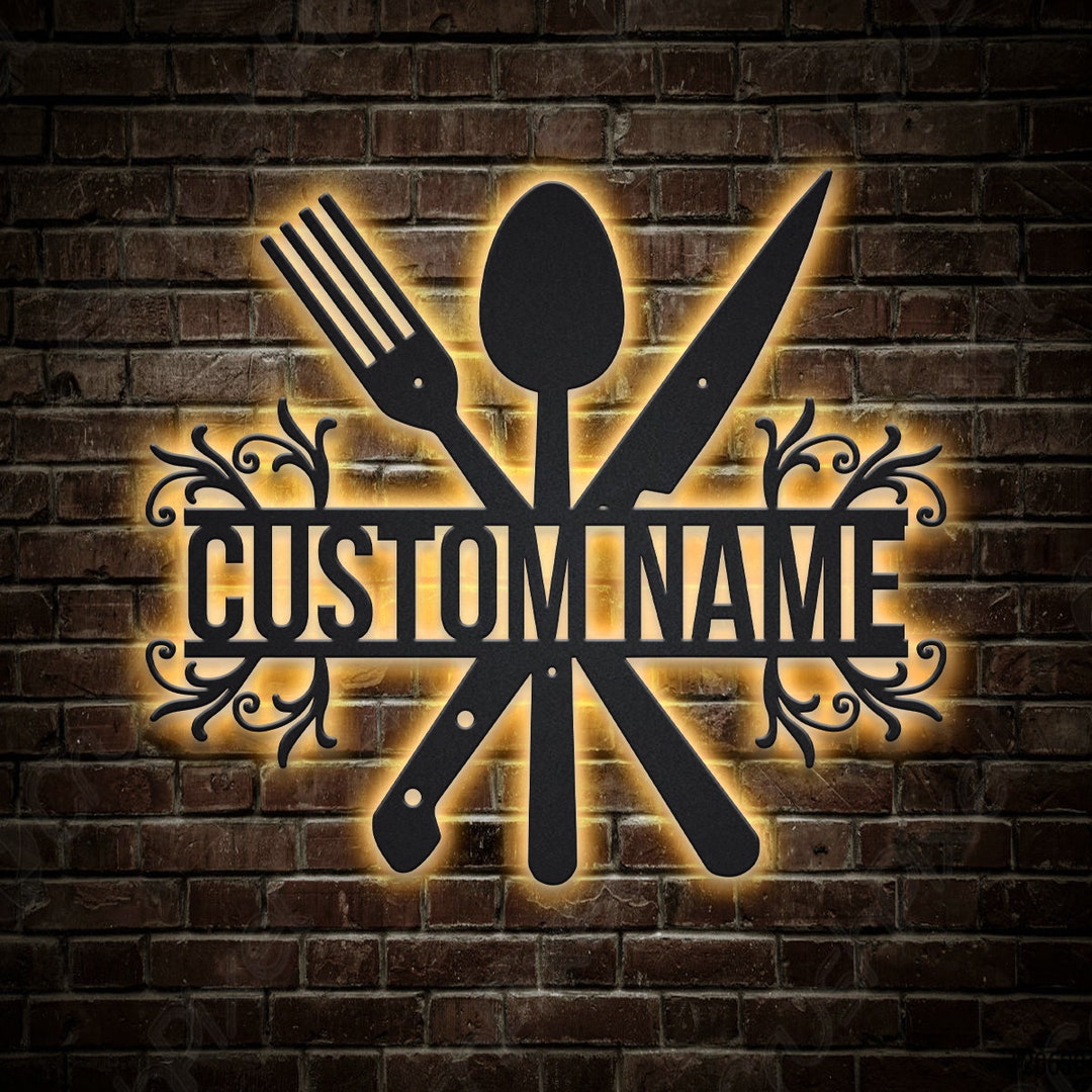 Kitchen Utensils Metal Sign LED Lights V9, Custom Kitchen Utensils ...