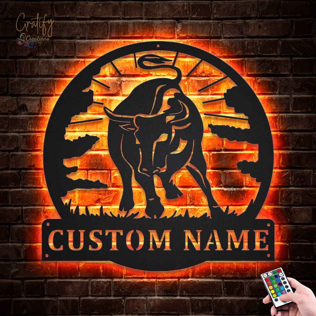 Black Bull Metal Wall Decor With LED Lights for Farmhouse Style ...