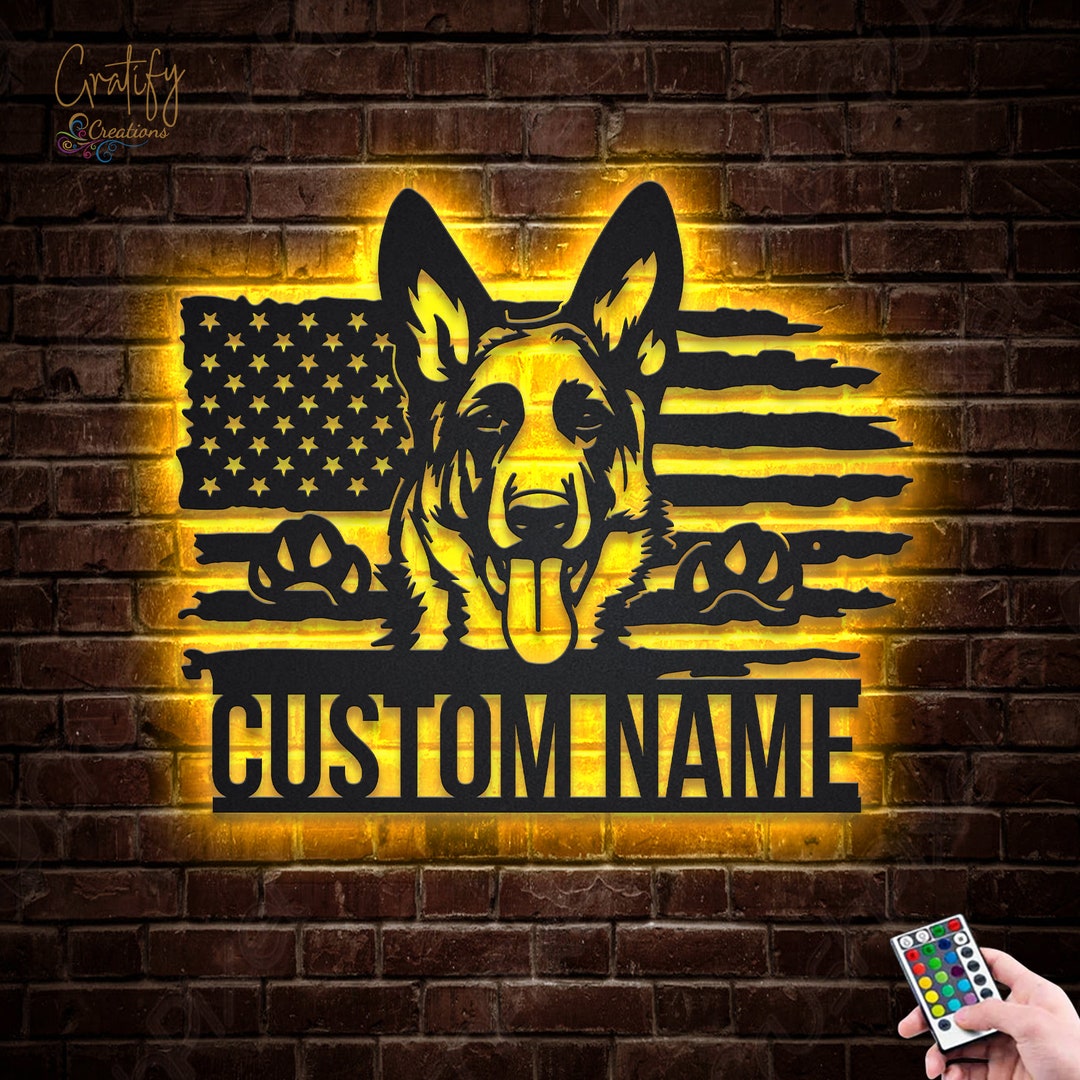Custom US German Shepherd Dog Metal Wall Art LED Lights, Personalized ...