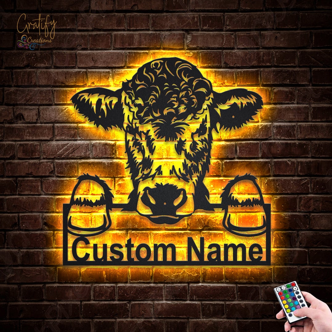 Custom Cow Metal Wall Art LED Lights, Personalized Cow Farm Metal Sign ...