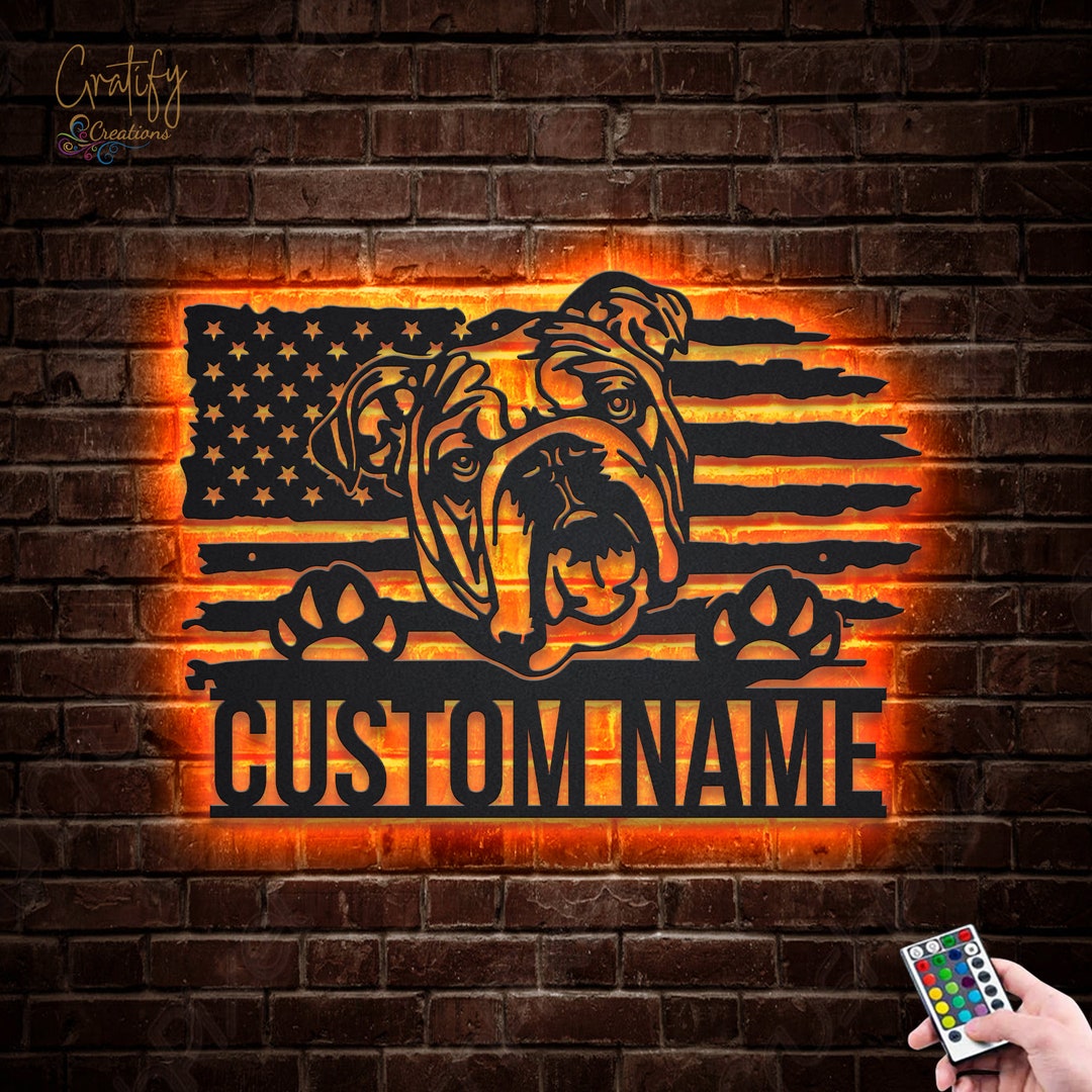 US English Bulldog Metal Wall Art LED Light, Custom Bulldog Metal Signs ...