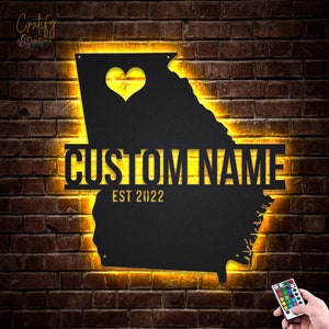 Georgia State Map Metal Sign LED Lights, Custom Georgia State Map Metal ...