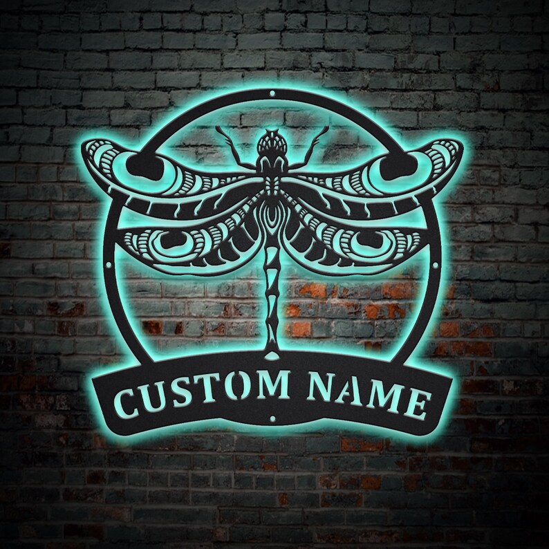 Dragonfly Monogram Metal Wall Art LED Lights, Custom Dragonfly Metal ...