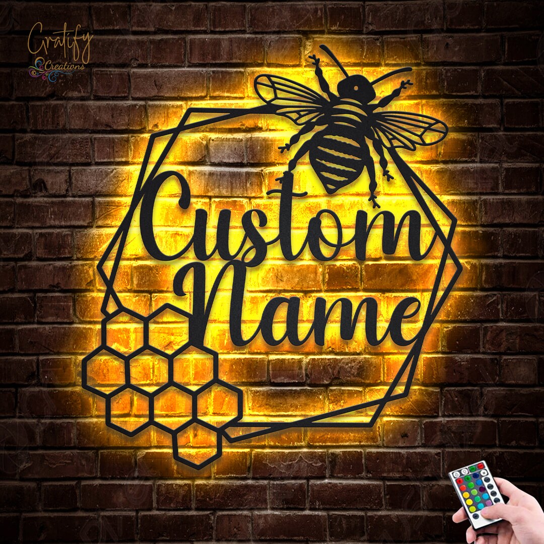 Bee Metal Sign LED Lights V1, Custom Honey Bee Metal Sign, Bee ...