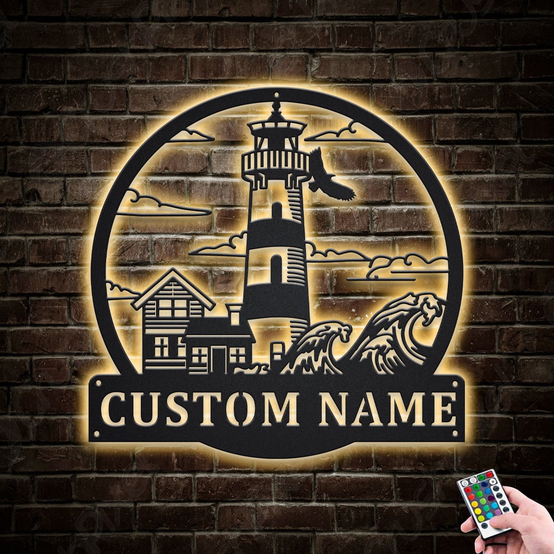Lighthouse Metal Sign LED Lights V5, Custom Lighthouse Metal Wall Art ...