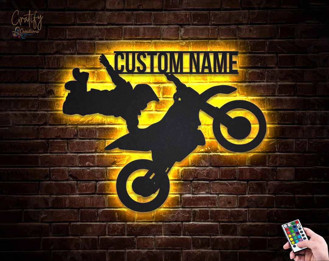 Custom Dirt Bike Metal Sign, LED Motocross Rider Wall Art, Biker Name ...