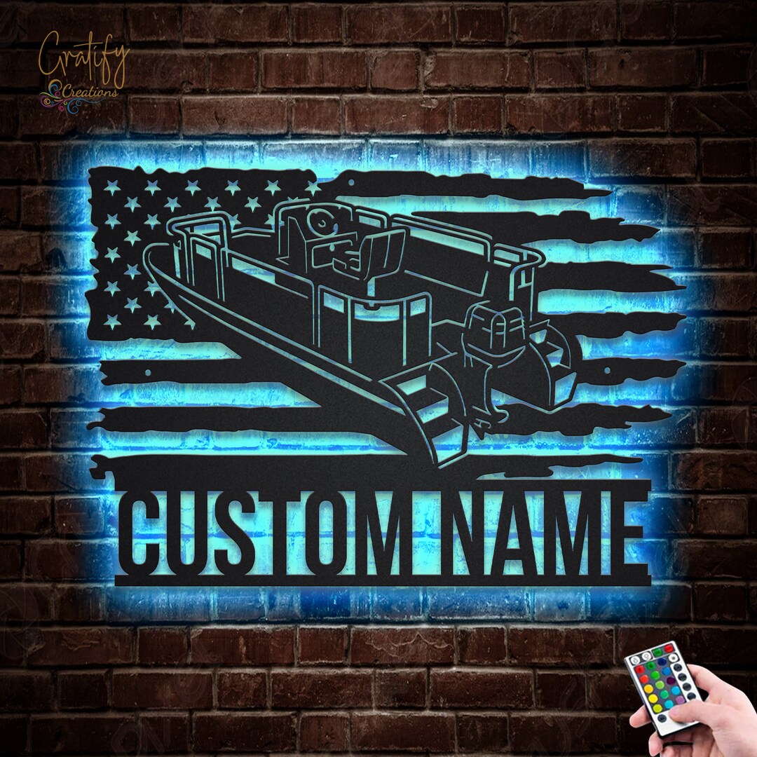US Pontoon Boat Metal Sign LED Lights V10, Custom Pontoon Boat Metal ...