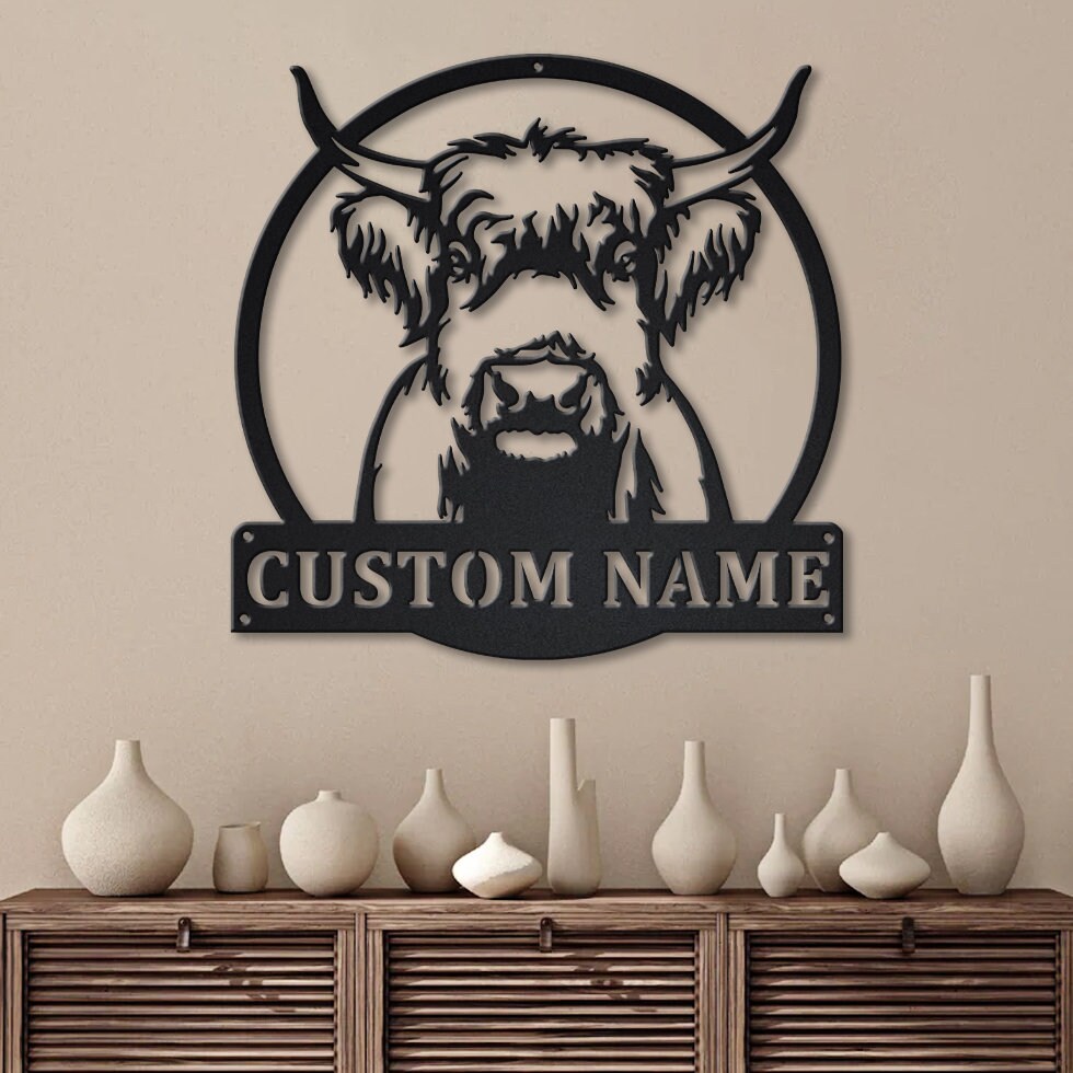 Custom Highland Cow Monogram Metal Sign Art, Personalized Highland Cow ...
