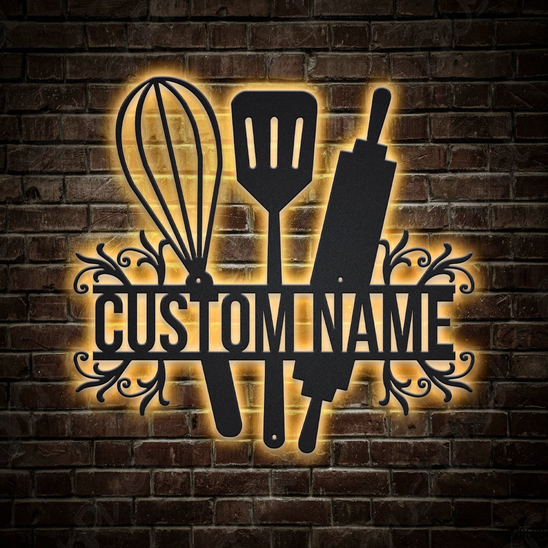 Kitchen Utensils Metal Sign LED Lights V7, Custom Kitchen Utensils ...