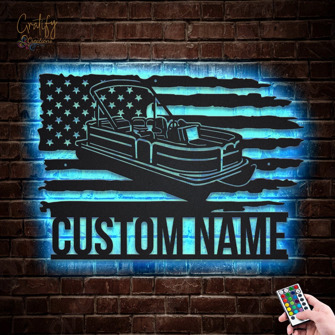 US Pontoon Boat Metal Sign LED Lights V14, Custom Pontoon Boat Metal ...