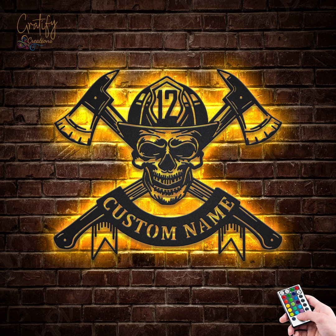 Firefighter Skull Metal Wall Art With LED Lights, Custom Firefighter ...