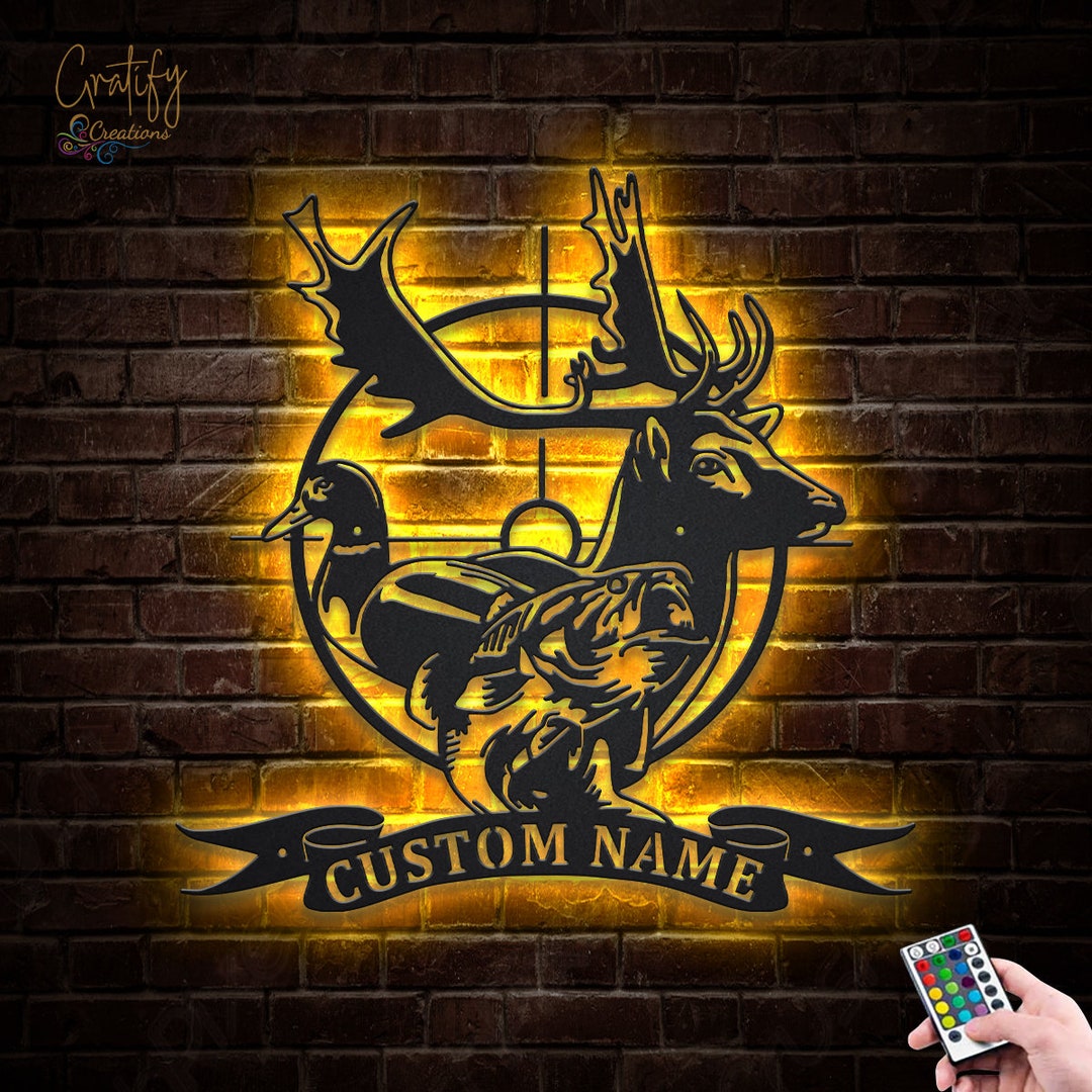 Custom Deer Duck Fish Hunting Metal Sign With LED Lights, Personalized ...