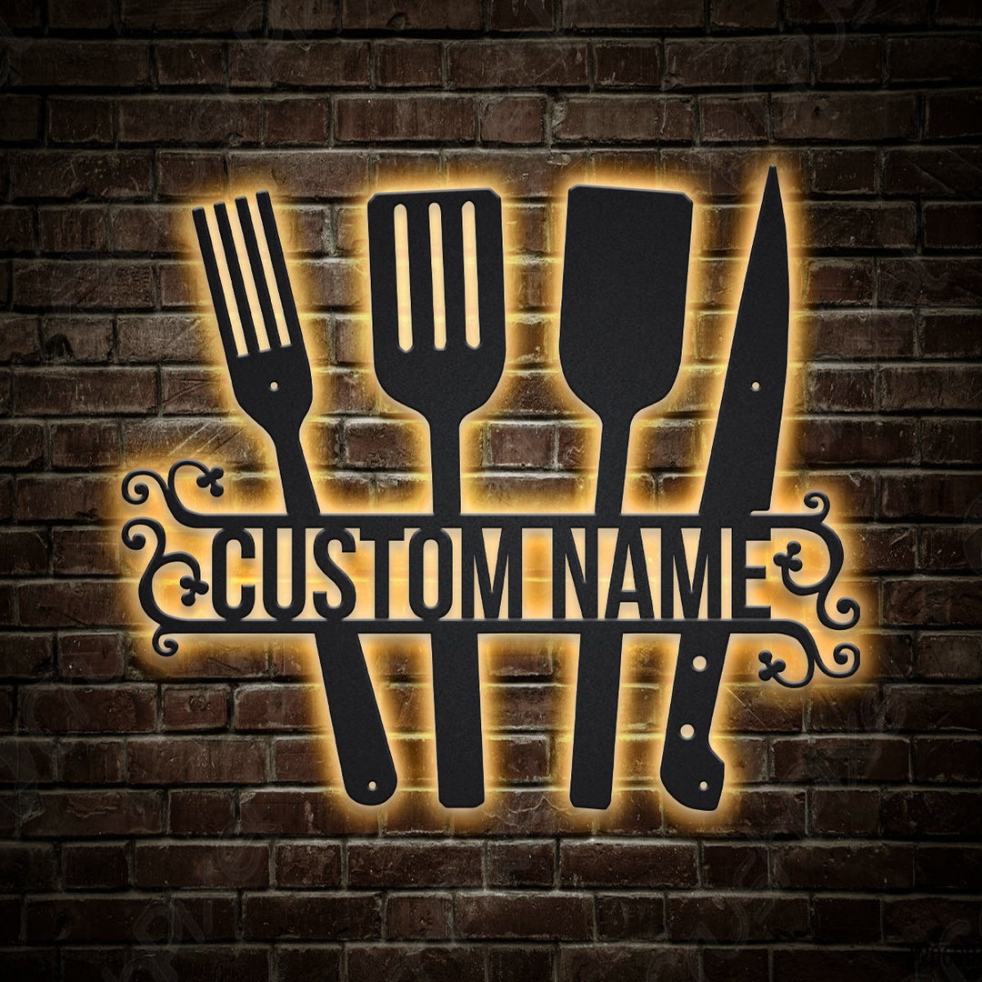 Kitchen Utensils Metal Sign LED Lights V3, Custom Kitchen Utensils ...