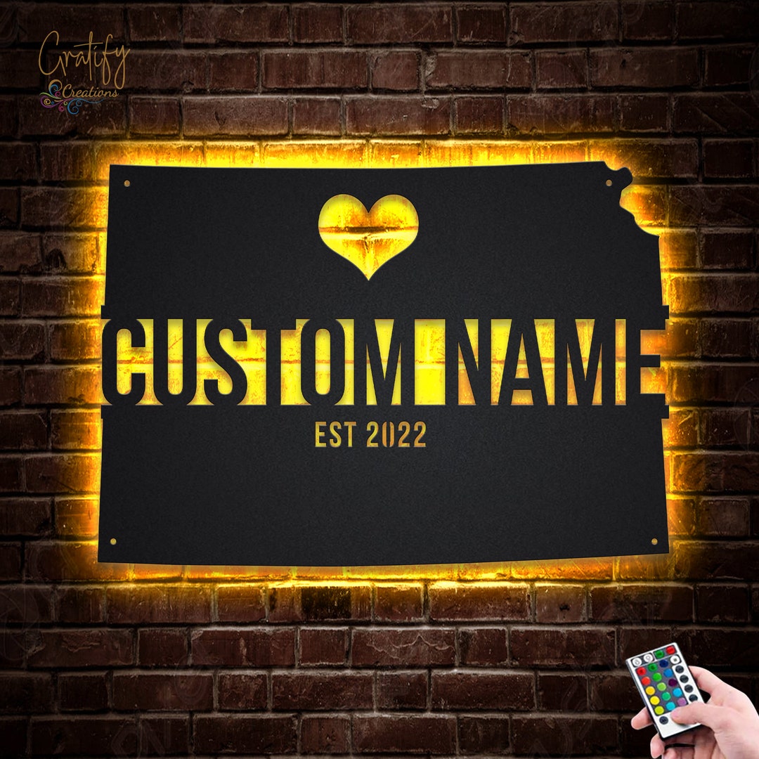 Kansas State Map Metal LED Lights, Custom Kansas State Metal Wall Art ...